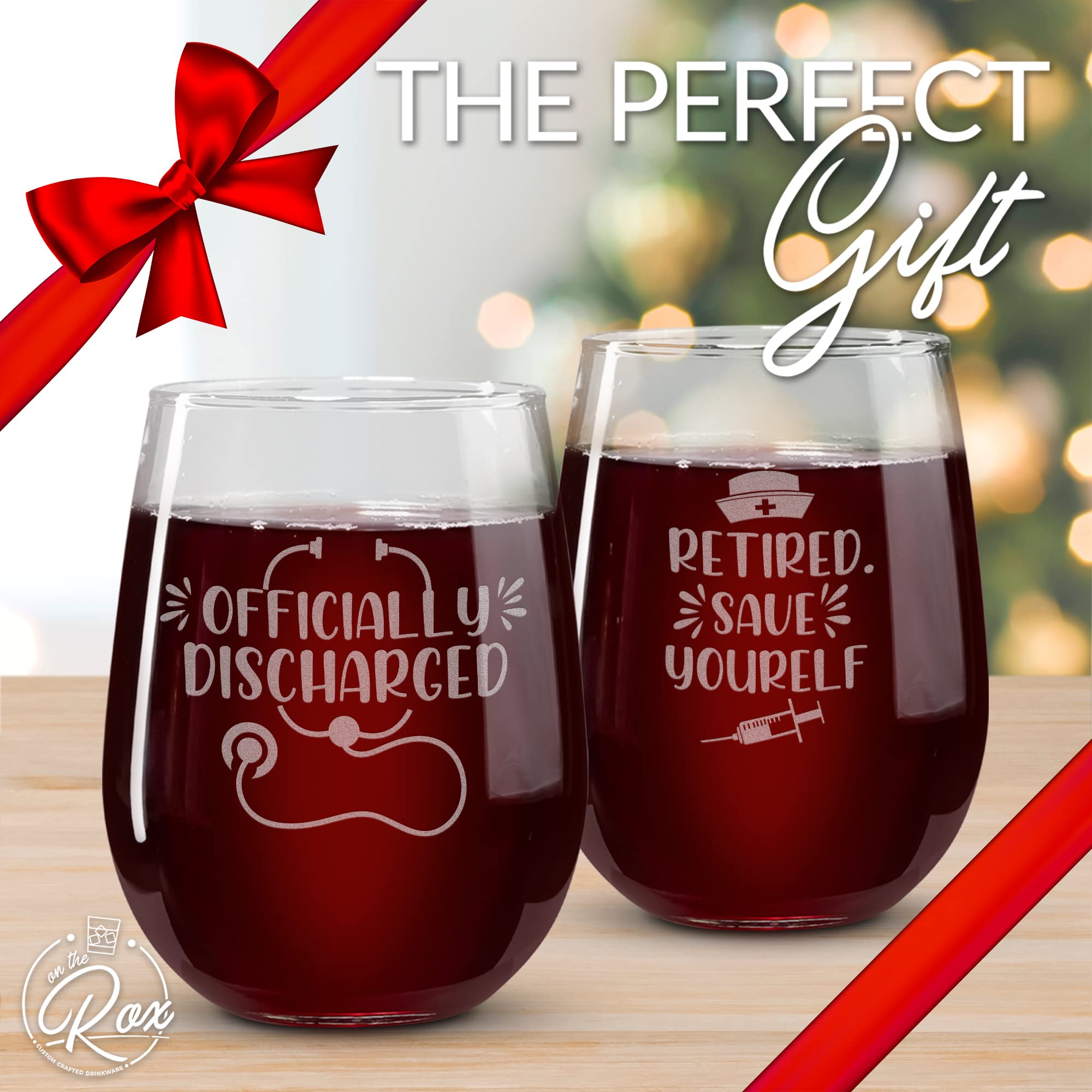 On The Rox Drinks Nurse Gifts for Women - 17 Oz Retired Nurse Stemless Wine Glass Set of 2 - Funny RN Gifts for Nurses - Retirement Gifts For Former Nurses - Nurse Gifts for Women and Men