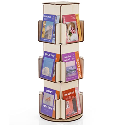 Flenpptly Rotating Display Stand Greeting Card Organizer 3 Tier Wooden Retail Display Multi Pocket Card Display Stand Display Rack for Coasters Stickers Showcase Tradeshow