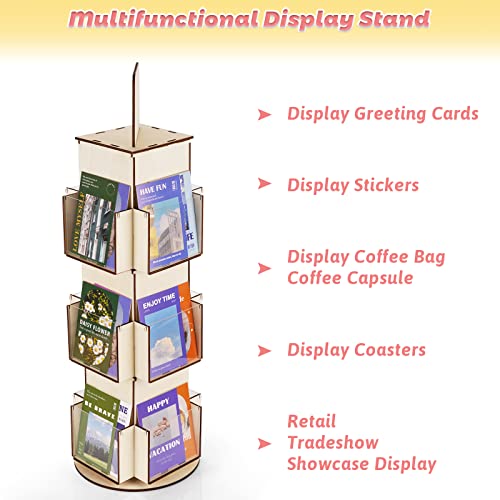 Flenpptly Rotating Display Stand Greeting Card Organizer 3 Tier Wooden Retail Display Multi Pocket Card Display Stand Display Rack for Coasters Stickers Showcase Tradeshow