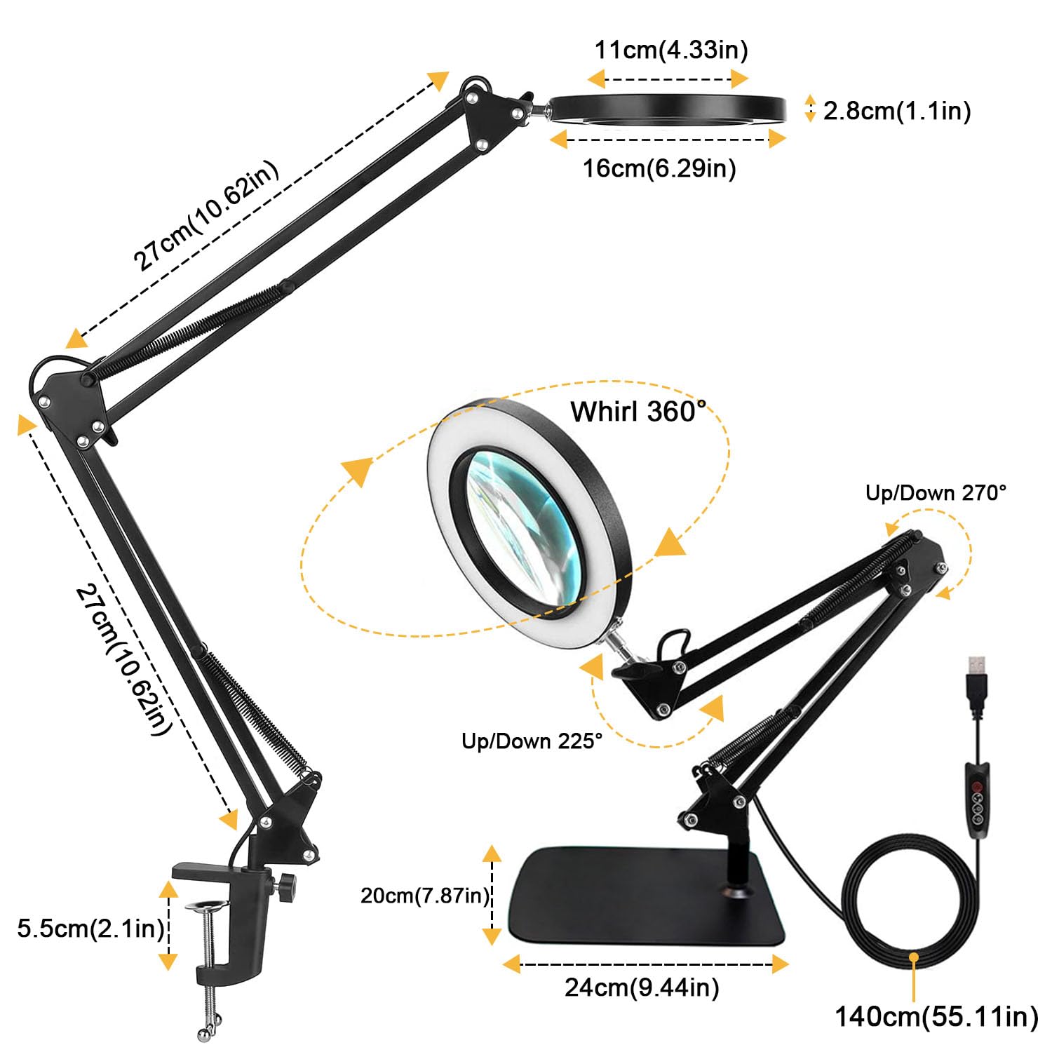 Hanbaak Magnifying Glass with Light and Stand, 10X Magnifying Lamp, 3 Color Modes Stepless Dimmable, 2-in-1 LED Lighted Desk Magnifier with Light for Reading, Crafts, Repair, Close Works