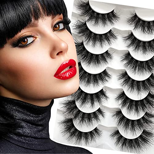 False Eyelashes 8D Volume Fluffy Faux Mink Eyelash Fake Wispy Dramatic Russian Strip Lashes That Look Like Extensions 12-18mm Cat-Eye Natural Thick 7 Pairs Pack