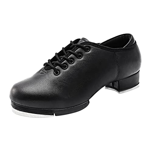 Women's Jazz Tap Shoes Split Sole Leather Adult Girls Dance, Black 8.5 M US