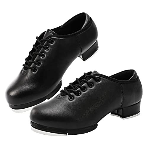 Women's Jazz Tap Shoes Split Sole Leather Adult Girls Dance, Black 8.5 M US