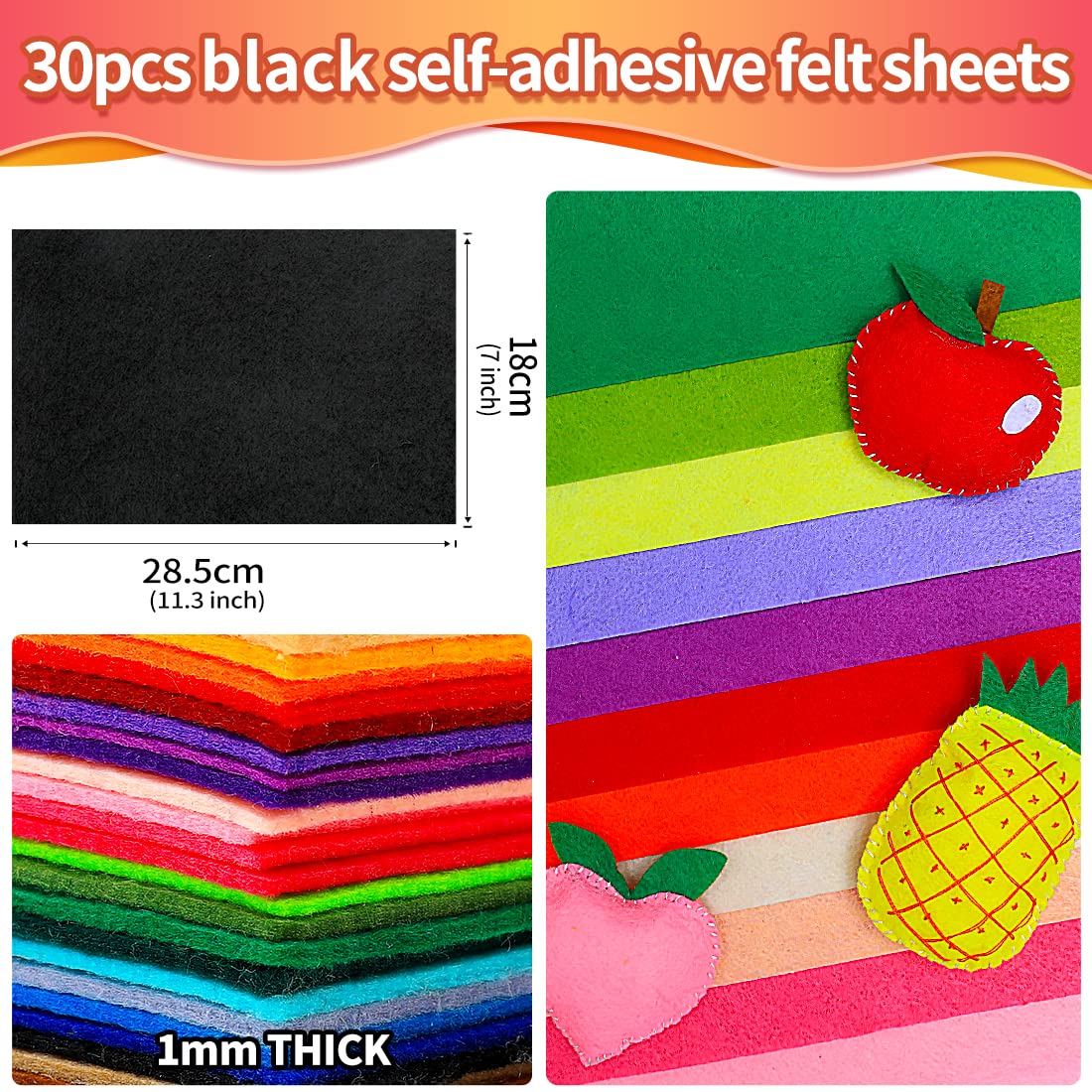 IOOLEEM Black Felt Sheets, Self-Adhesive Felt Sheets, 30pcs 7"x11.3"（Close to A4 Size - 18x28.5 cm), Pre-Cut Felt Sheets for Crafts, Craft Felt Fabric Sheets, Sewing Felt Rectangle for Patchwork.