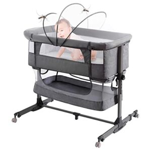 nordmiex 3 in 1 Baby Crib Bedside Crib,Baby Bassinet,Adjustable Portable Bed for Infant/Baby,Deep Grey