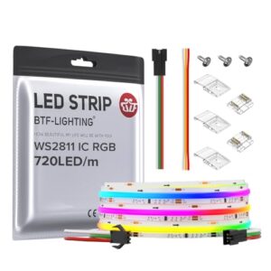 btf-lighting fcob ws2811 ic rgb chip flexible high density uniform light chasing color led strip dc24v 720led/m 9.8ft 60ic 12mm width dream color led tape for bedroom kitchen(no adapter or controller)