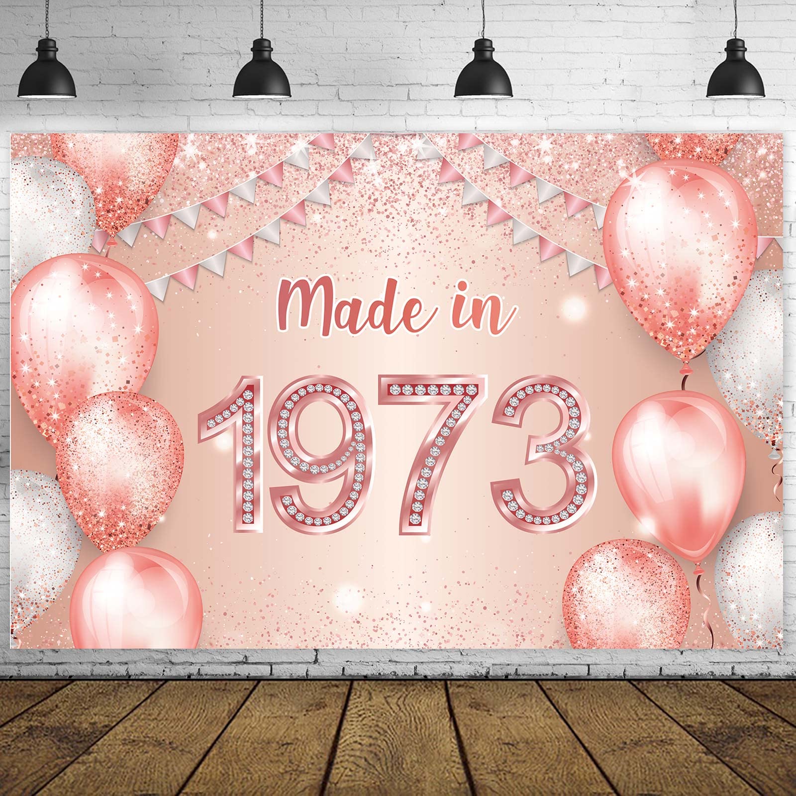 Made in 1973 Rose Gold Happy 50th Birthday Banner Cheers to 50 Years Old Backdrop Balloon Confetti Theme Decor Decorations for Women Pink Birthday Party Supplies Bday Background Glitter