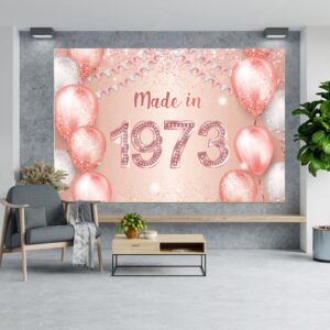 Made in 1973 Rose Gold Happy 50th Birthday Banner Cheers to 50 Years Old Backdrop Balloon Confetti Theme Decor Decorations for Women Pink Birthday Party Supplies Bday Background Glitter