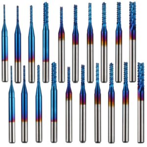 asnomy 20pcs end mills cnc spiral router bits, 1/8" shank cnc cutter milling carving bit set, nano blue coat cnc end mill bits, cutting dia.1/32"-1/8"inch