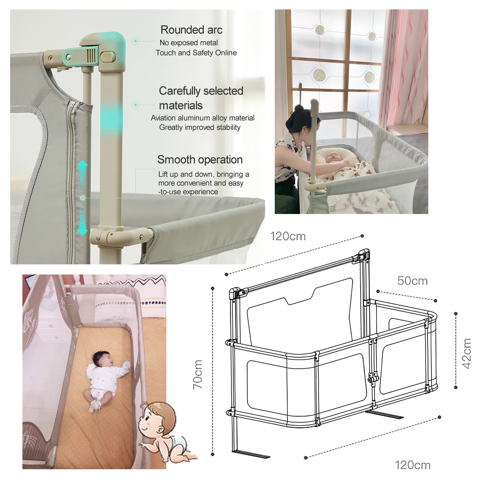 3 in 1 Baby bassinets bedside sleeper,120x50cm,for co sleeper for baby in bed,Portable Crib,for co sleeper bassinet attach to bed,baby beds,breathable and visible mesh window and sturdy aluminum alloy