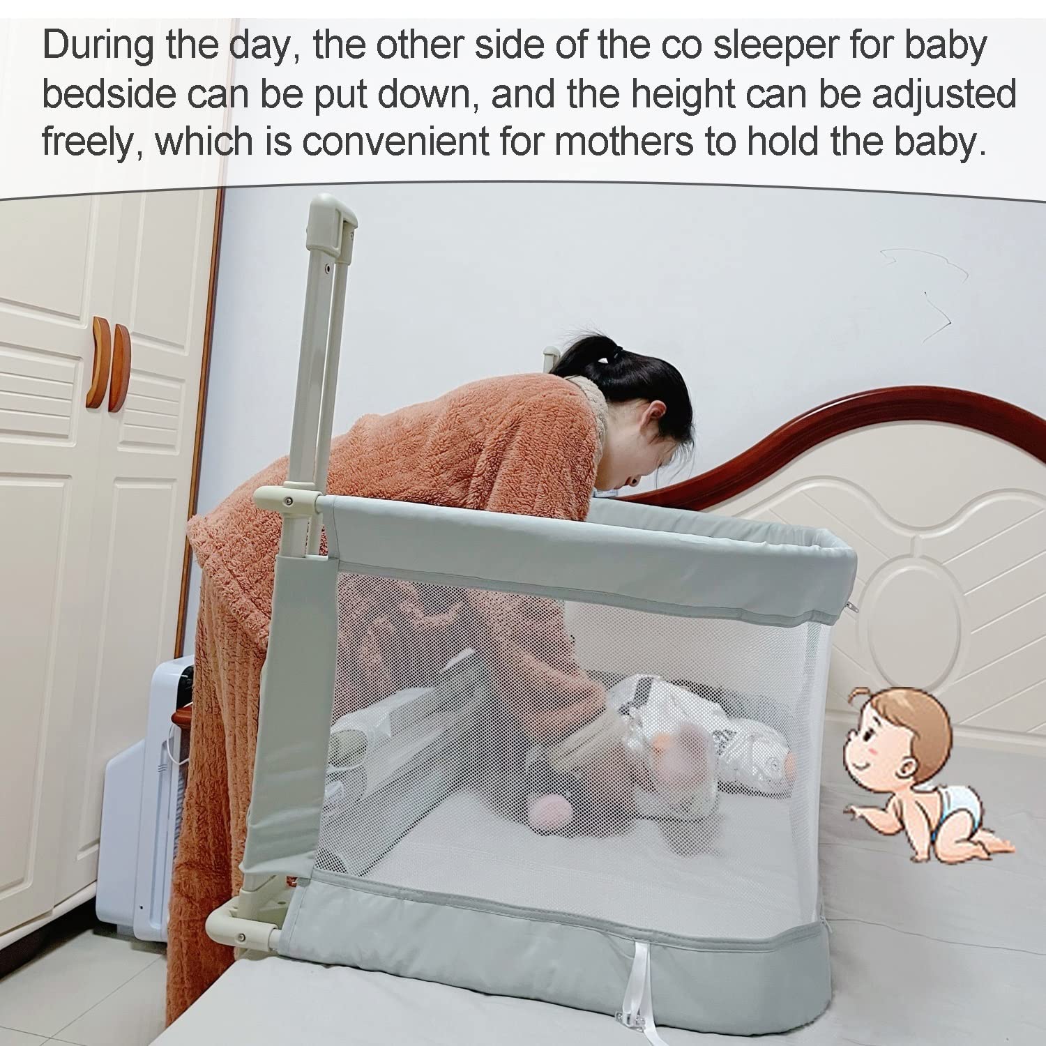 3 in 1 Baby bassinets bedside sleeper,120x50cm,for co sleeper for baby in bed,Portable Crib,for co sleeper bassinet attach to bed,baby beds,breathable and visible mesh window and sturdy aluminum alloy