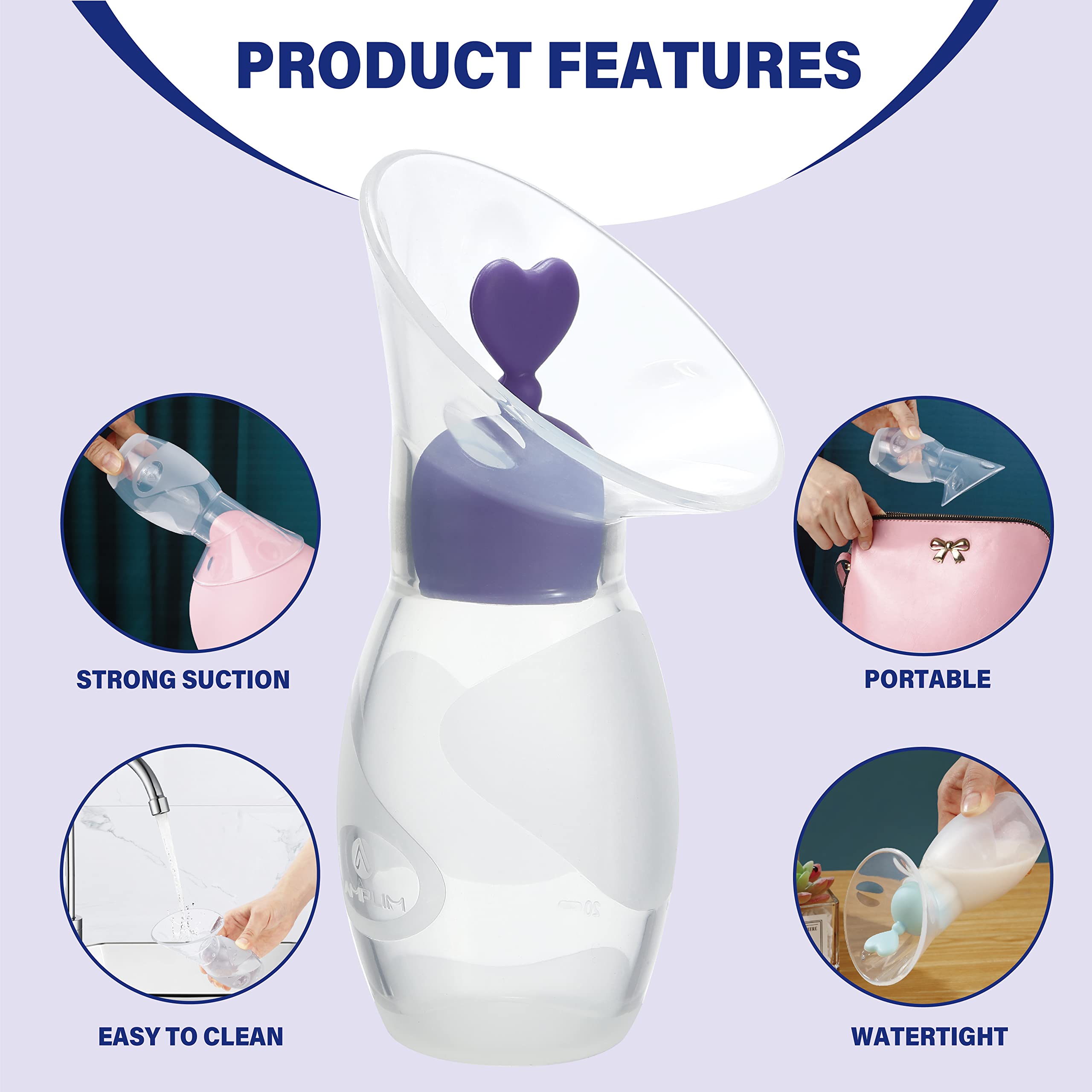 Amplim 2-Pack Gen 2 Manual Breast Pump/Collector for Breastfeeding with Stopper (4 oz/100ml) Food Grade Silicone BPA PVC and Phthalate Free (Blue + Purple)