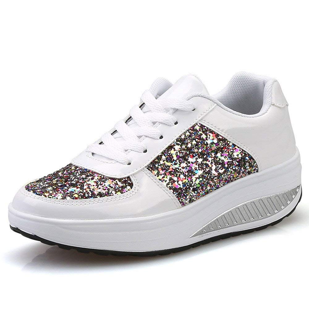 HINDOLA Women's Walking Shoes Sequin Lightweight Non Slip Tennis Sneakers Comfort Wedge Platform Athletic Running Shoes White