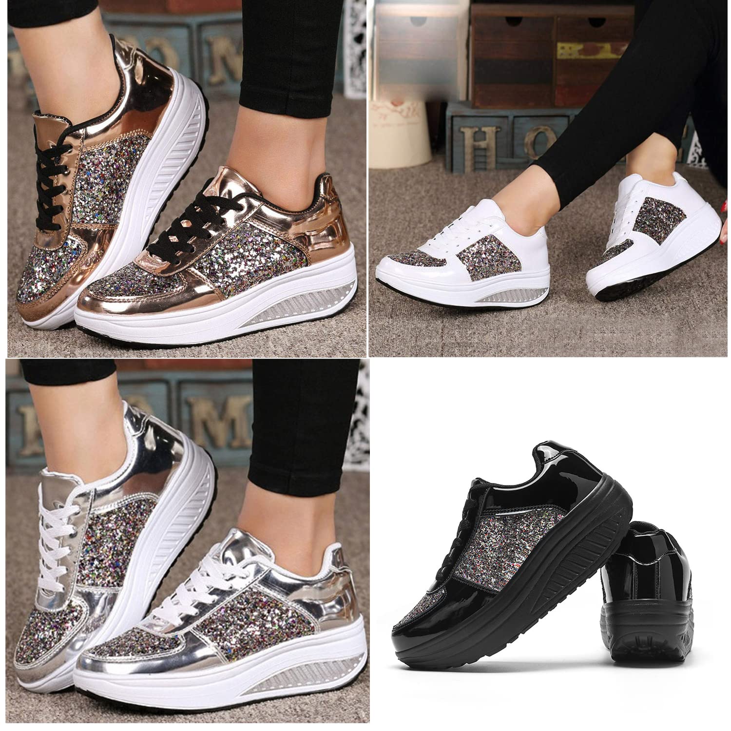 HINDOLA Women's Walking Shoes Sequin Lightweight Non Slip Tennis Sneakers Comfort Wedge Platform Athletic Running Shoes White