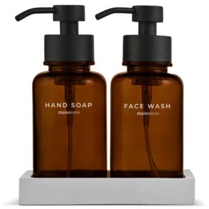 maisonovo 14 oz amber glass foaming soap dispenser 2 pack w/concrete tray | foaming hand soap dispenser bathroom countertop, foam soap dispenser pump, foaming glass soap dispenser