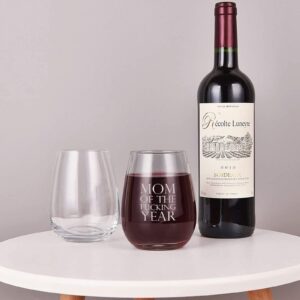 Mousus 17oz Stemless Wine GlassMom Of The Fucking Year Glass Glassware for Red Or White Wine Cocktails Perfect For Homes & Bars Party Supplies Decorations