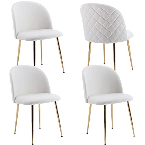 HNY White Velvet Mid Century Modern Dining Chairs Set of 4, Upholstered Accent Chairs with Gold Metal Legs, Kitchen & Dining Room Chairs Side Chairs for Living Room, Cream