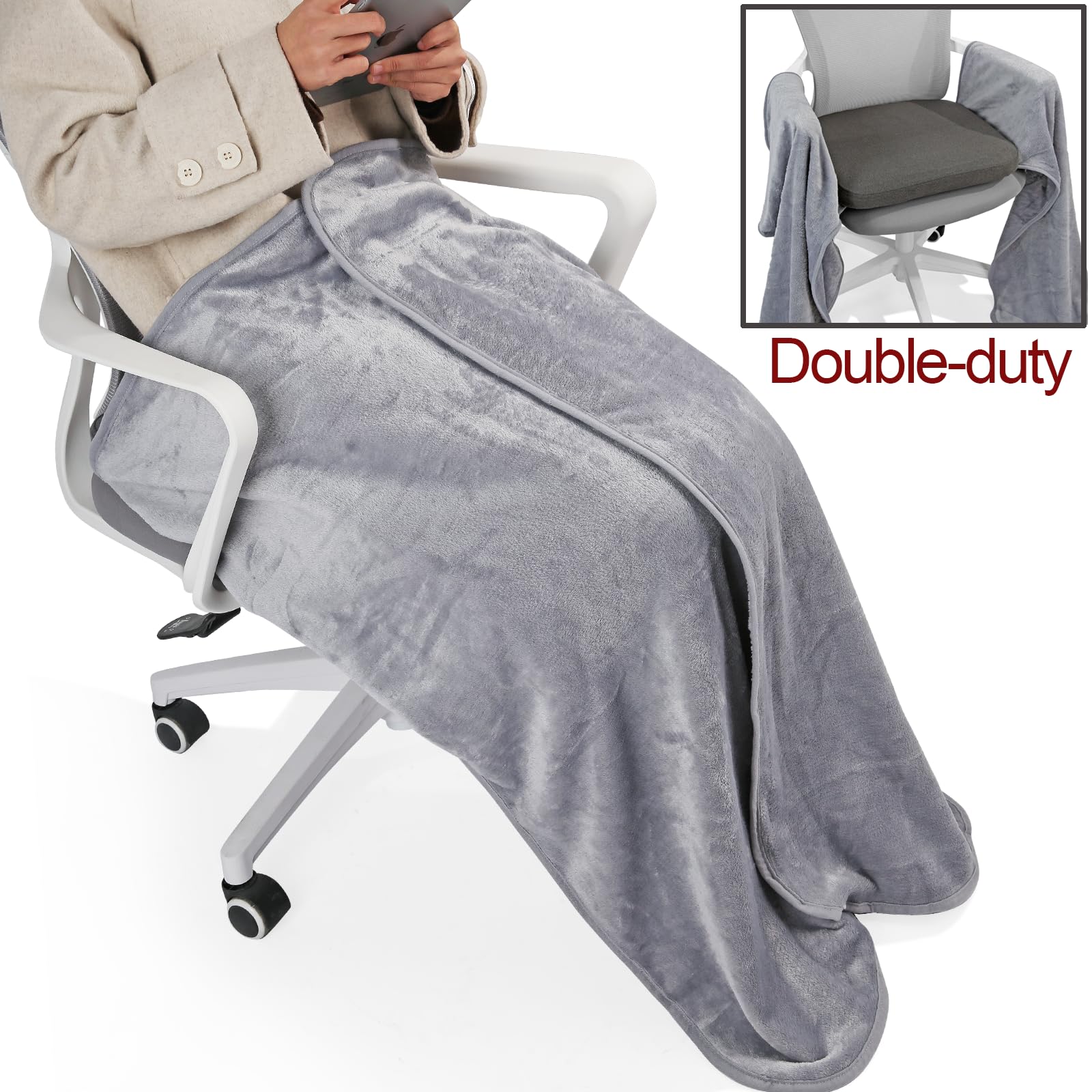 BUYUE Chair Cushion + Foldable Blanket 2 in 1, Comfortable High Density Foam Non-Slip Seat Cushion for Office Long Sitting, Soft Fleece Exclusive Patent Chair Pads for Desk Computer Chair, Gray