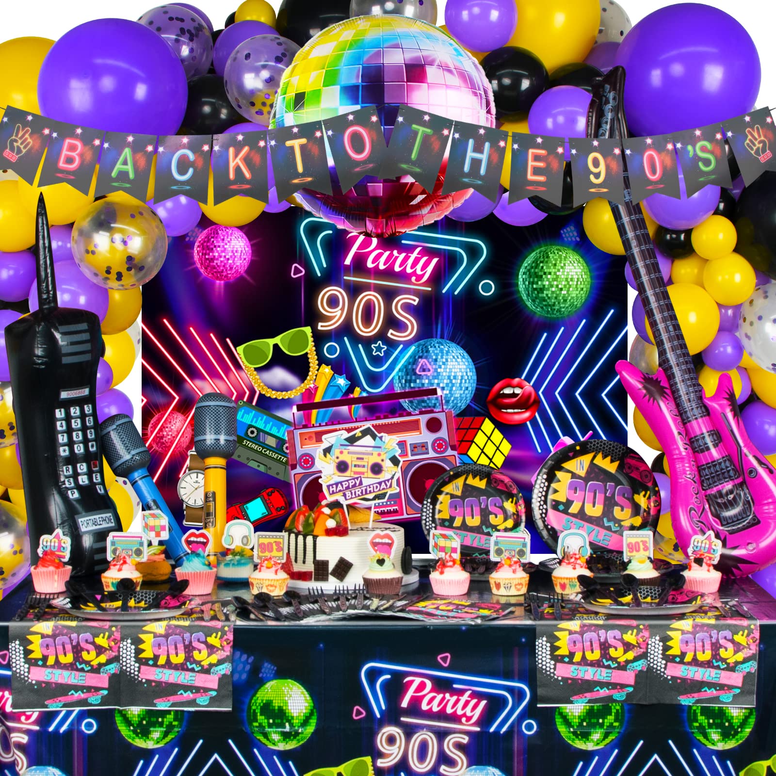 HJINGY 90s Party Decorations 80's 90's Theme Party Bundle includes Inflatable Gitar&Mobile Phone, Back To The 90's Banner, Tablecloth, Cake Toppers, Plates, Napkins, Hip-Hop Backdrop