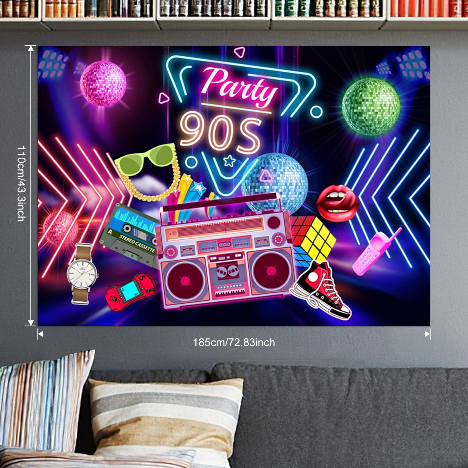 HJINGY 90s Party Decorations 80's 90's Theme Party Bundle includes Inflatable Gitar&Mobile Phone, Back To The 90's Banner, Tablecloth, Cake Toppers, Plates, Napkins, Hip-Hop Backdrop