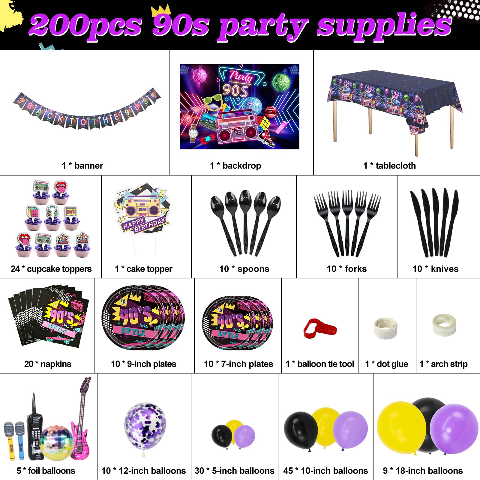 HJINGY 90s Party Decorations 80's 90's Theme Party Bundle includes Inflatable Gitar&Mobile Phone, Back To The 90's Banner, Tablecloth, Cake Toppers, Plates, Napkins, Hip-Hop Backdrop