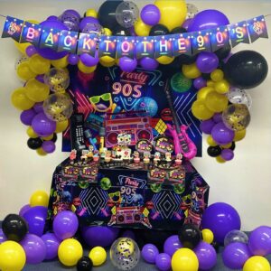 HJINGY 90s Party Decorations 80's 90's Theme Party Bundle includes Inflatable Gitar&Mobile Phone, Back To The 90's Banner, Tablecloth, Cake Toppers, Plates, Napkins, Hip-Hop Backdrop