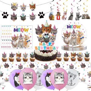 cat birthday party supplies kitty party supplies kit includes cat party banner plates, napkins,tablecloth,cake toppers, balloons,hanging swirl for kids girls