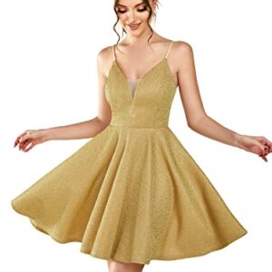 Ever-Pretty Women's Prom Dress Sparkle V Neck Sleeveless A-Line Mini Summer Dress Cocktail Dress Gold US4