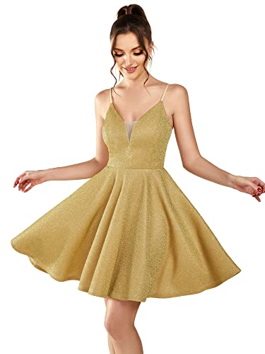 Ever-Pretty Women's Prom Dress Sparkle V Neck Sleeveless A-Line Mini Summer Dress Cocktail Dress Gold US4