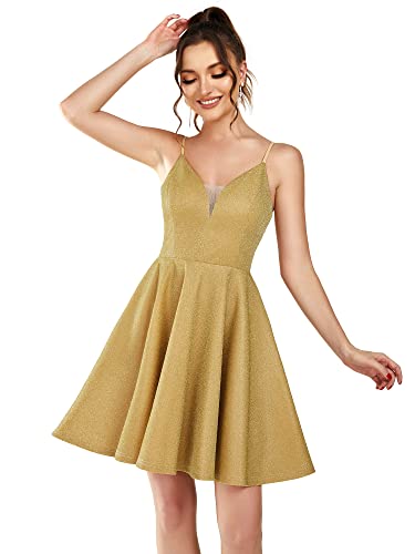 Ever-Pretty Women's Prom Dress Sparkle V Neck Sleeveless A-Line Mini Summer Dress Cocktail Dress Gold US4