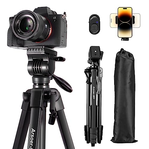 Camera Tripod,Video Tripod with Fluid Head, Arsoer 60" Vlog Tripod with Wireless Remote/Carry Bag/Rotatable Phone Holder, Compatible with iPhone/Canon/Nikon/Sony/Telescope, for Vlogging/Shooting