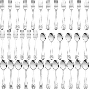 36 pcs kids silverware set toddler utensils stainless steel safe forks and spoons 16 kids forks 16 kids spoons children metal cutlery set baby flatware sets (silver)