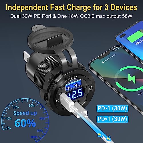 [Upgraded Version] 12V USB Outlet Qidoe 78W 3 Port USB C 12V Outlet Dual PD 30W & 18W USB A Port with Voltmeter Lengthened Aluminum Body Switch Waterproof USB Car Charger Socket for Car Boat Marine RV