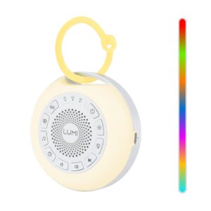 lumi portable white noise machine | 26 sounds | 7 colour night light | 55+ hours battery life | child lock | sleep timer | usb rechargeable | sleep sound machine baby | baby shusher