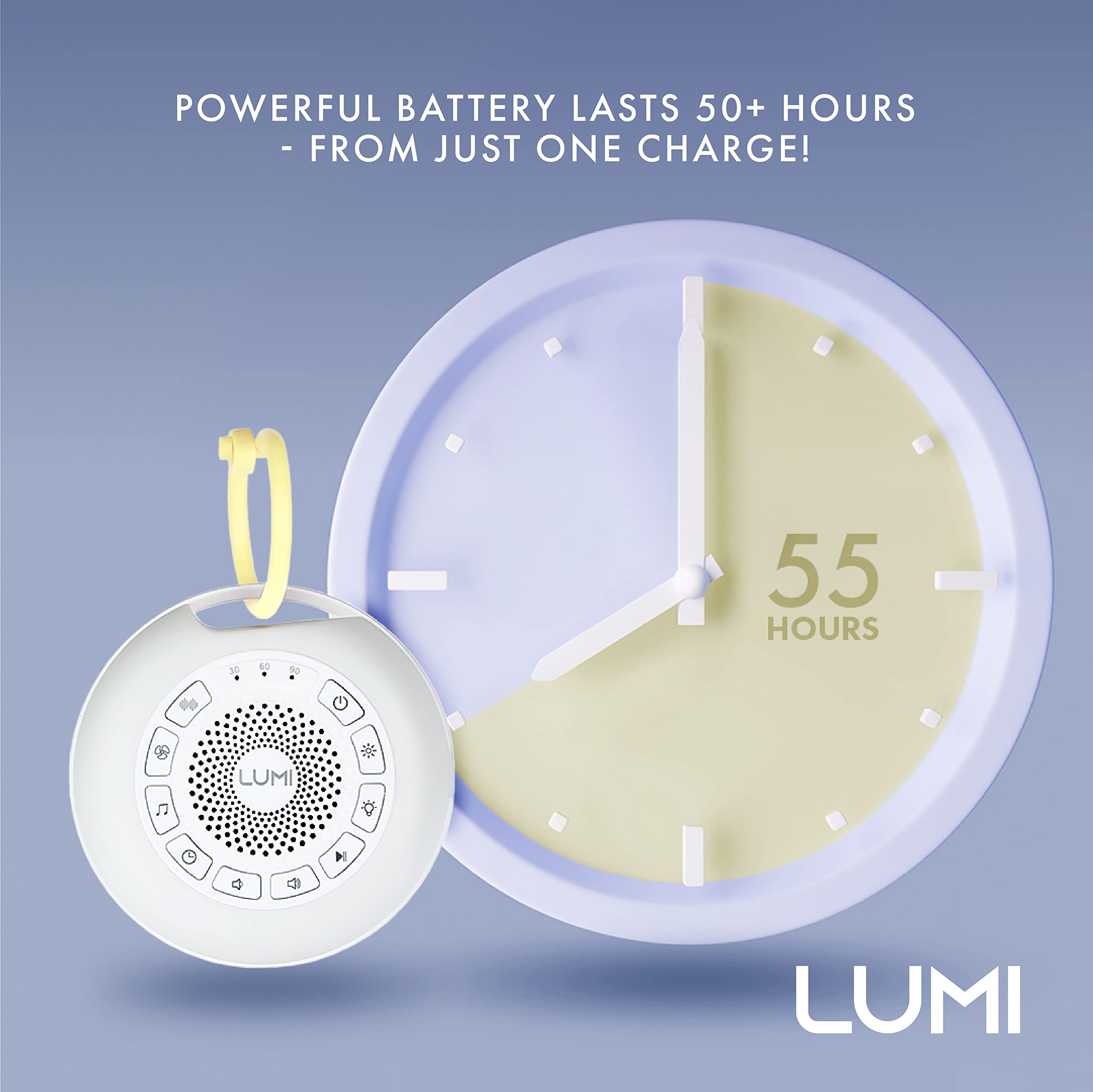 LUMI Portable White Noise Machine | 26 Sounds | 7 Colour Night Light | 55+ Hours Battery Life | Child Lock | Sleep Timer | USB Rechargeable | Sleep Sound Machine Baby | Baby Shusher