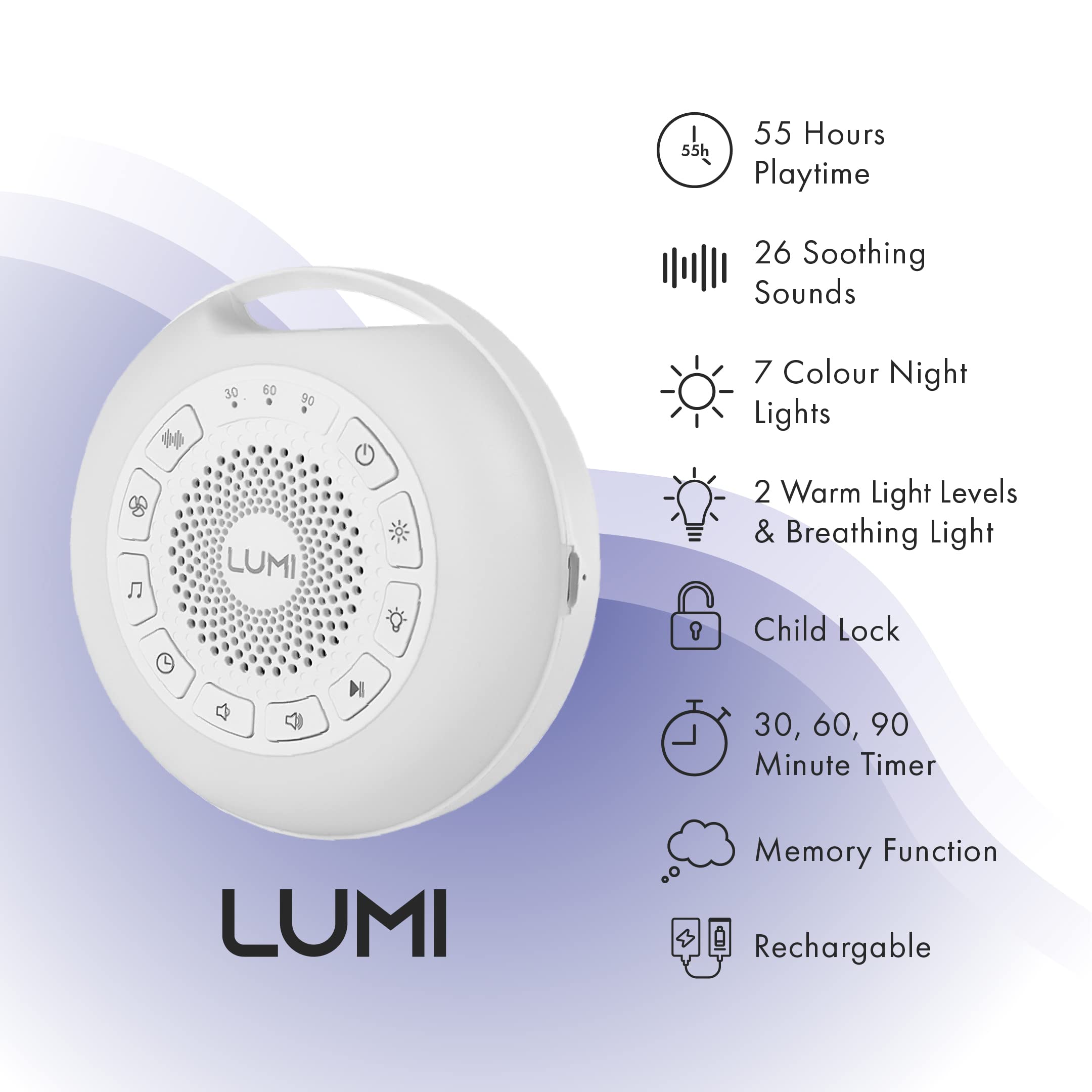 LUMI Portable White Noise Machine | 26 Sounds | 7 Colour Night Light | 55+ Hours Battery Life | Child Lock | Sleep Timer | USB Rechargeable | Sleep Sound Machine Baby | Baby Shusher