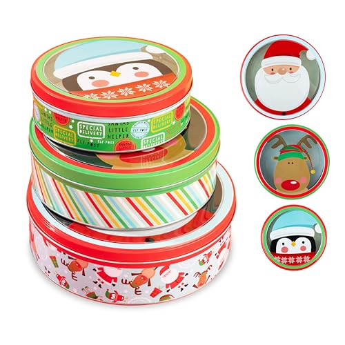 3 Christmas Cookie Tins- Round Christmas Cookie Tins with Lids for Gift Giving, Christmas Tins Holiday Cookie Boxes, Christmas Tins for Cookies and Gifts- 3 Nested Metal Cookie Tins