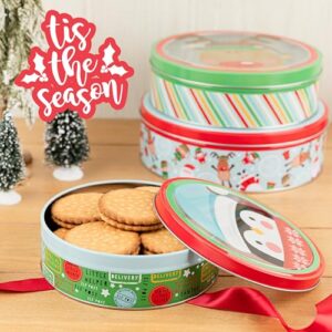 3 Christmas Cookie Tins- Round Christmas Cookie Tins with Lids for Gift Giving, Christmas Tins Holiday Cookie Boxes, Christmas Tins for Cookies and Gifts- 3 Nested Metal Cookie Tins