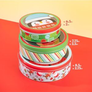 3 Christmas Cookie Tins- Round Christmas Cookie Tins with Lids for Gift Giving, Christmas Tins Holiday Cookie Boxes, Christmas Tins for Cookies and Gifts- 3 Nested Metal Cookie Tins