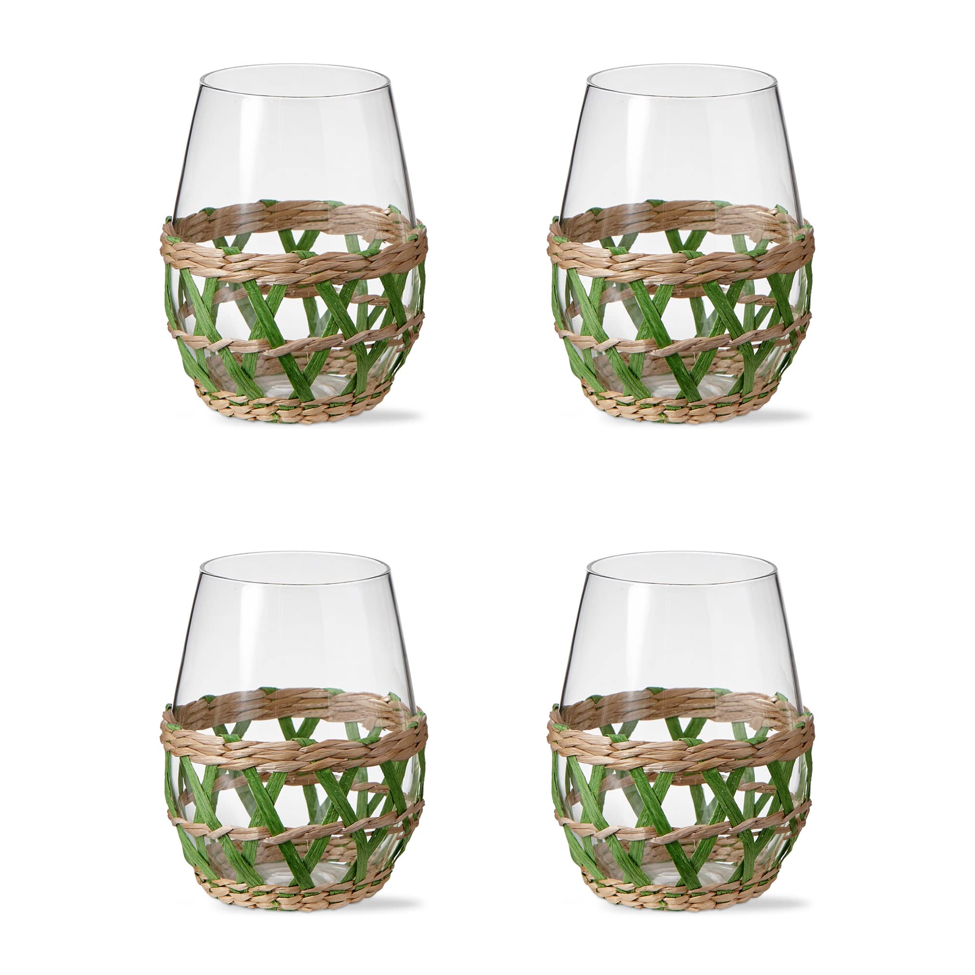 TAG Perfectly Clear Island 16 ounce Glass Stemless Wine Tumbler with Green Lattice Sleeve Set of 4