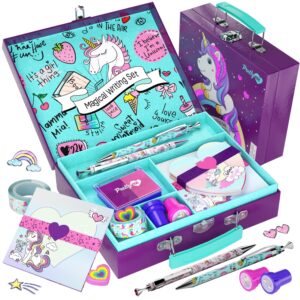 unicorn stationery set for kids - unicorn gifts for girls ages 6, 7, 8, 9, 10-12 year old age - stationary letter writing art kit - best girl birthday gift - preteen craft toys, christmas presents