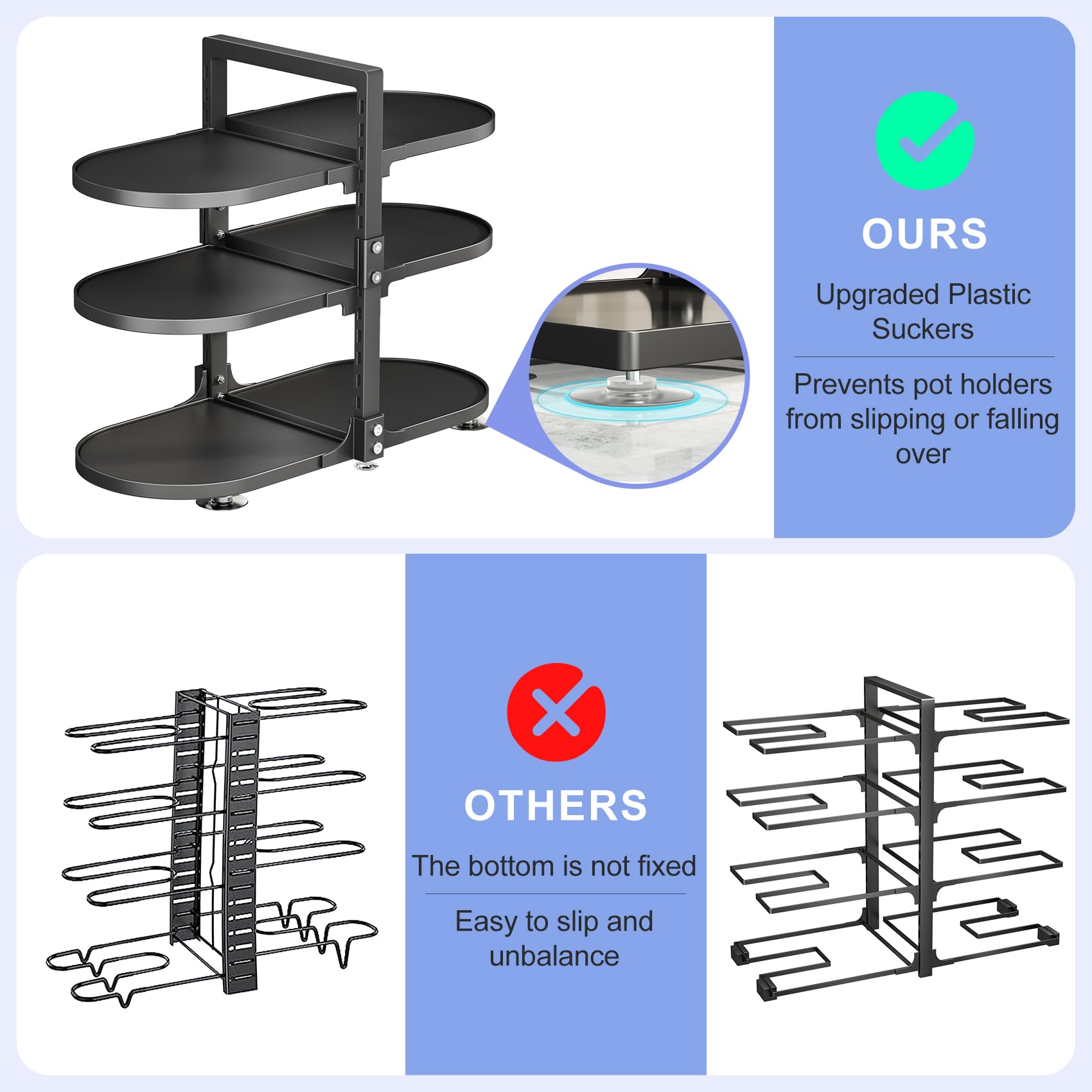 Pots and Pans Organizer for Cabinet, 6 Tier Snap-on and Adjustable Pan Organizer Rack for Under Cabinet, Pot Organizer for Kitchen Storage, Pot Lid Organizer with Panels (6 Tier, Round)