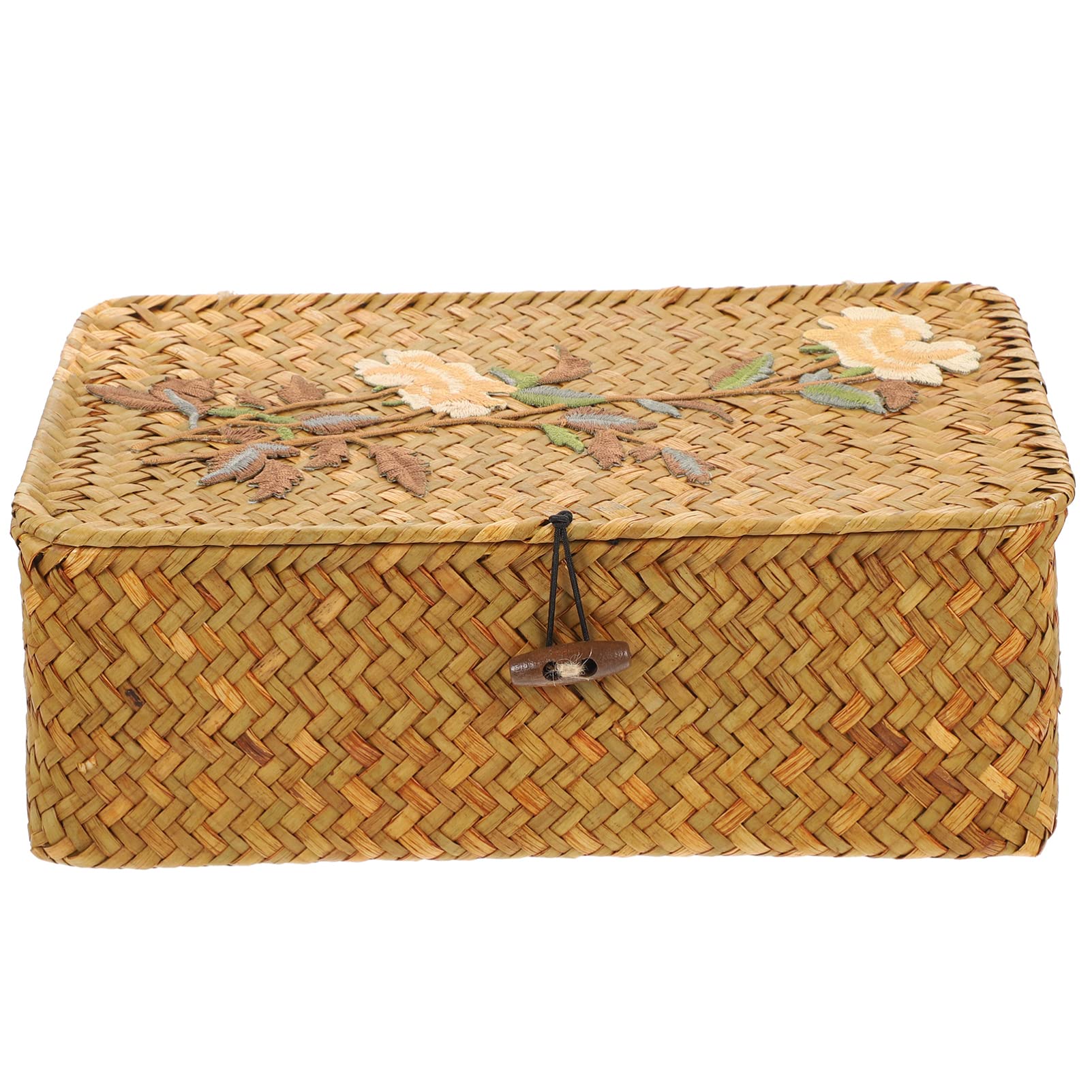 Zerodeko Seagrass Rattan Storage Basket Weaving Storage Box Wicker Basket Embroidery Pattern Storage Box Rectangular Makeup Organizer Container with Lid Shelf Baskets M