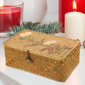 Zerodeko Seagrass Rattan Storage Basket Weaving Storage Box Wicker Basket Embroidery Pattern Storage Box Rectangular Makeup Organizer Container with Lid Shelf Baskets M