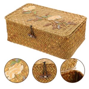 Zerodeko Seagrass Rattan Storage Basket Weaving Storage Box Wicker Basket Embroidery Pattern Storage Box Rectangular Makeup Organizer Container with Lid Shelf Baskets M