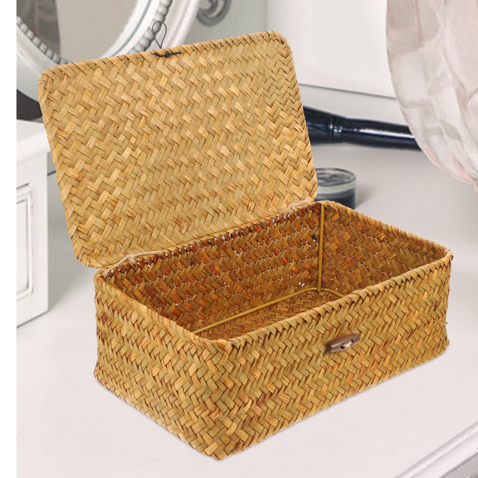 Zerodeko Seagrass Rattan Storage Basket Weaving Storage Box Wicker Basket Embroidery Pattern Storage Box Rectangular Makeup Organizer Container with Lid Shelf Baskets M