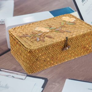 Zerodeko Seagrass Rattan Storage Basket Weaving Storage Box Wicker Basket Embroidery Pattern Storage Box Rectangular Makeup Organizer Container with Lid Shelf Baskets M