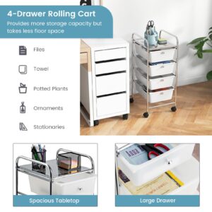 COSTWAY Rolling Storage Cart with 4 Drawers, Plastic Storage Cart and Organizer w/ 4 Removable Drawers, Multipurpose Organizer Cart for Home Scrapbook Paper Office School Tools (White)