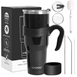 LAOION 40 oz Tumbler with Handle, Stainless Steel Double Wall Vacuum Insulated Leakproof Travel Coffee Mug with Lids and Straws, Thermal Cup with Bottle Cleaning Tools, for Home, Party(Glitter Black)