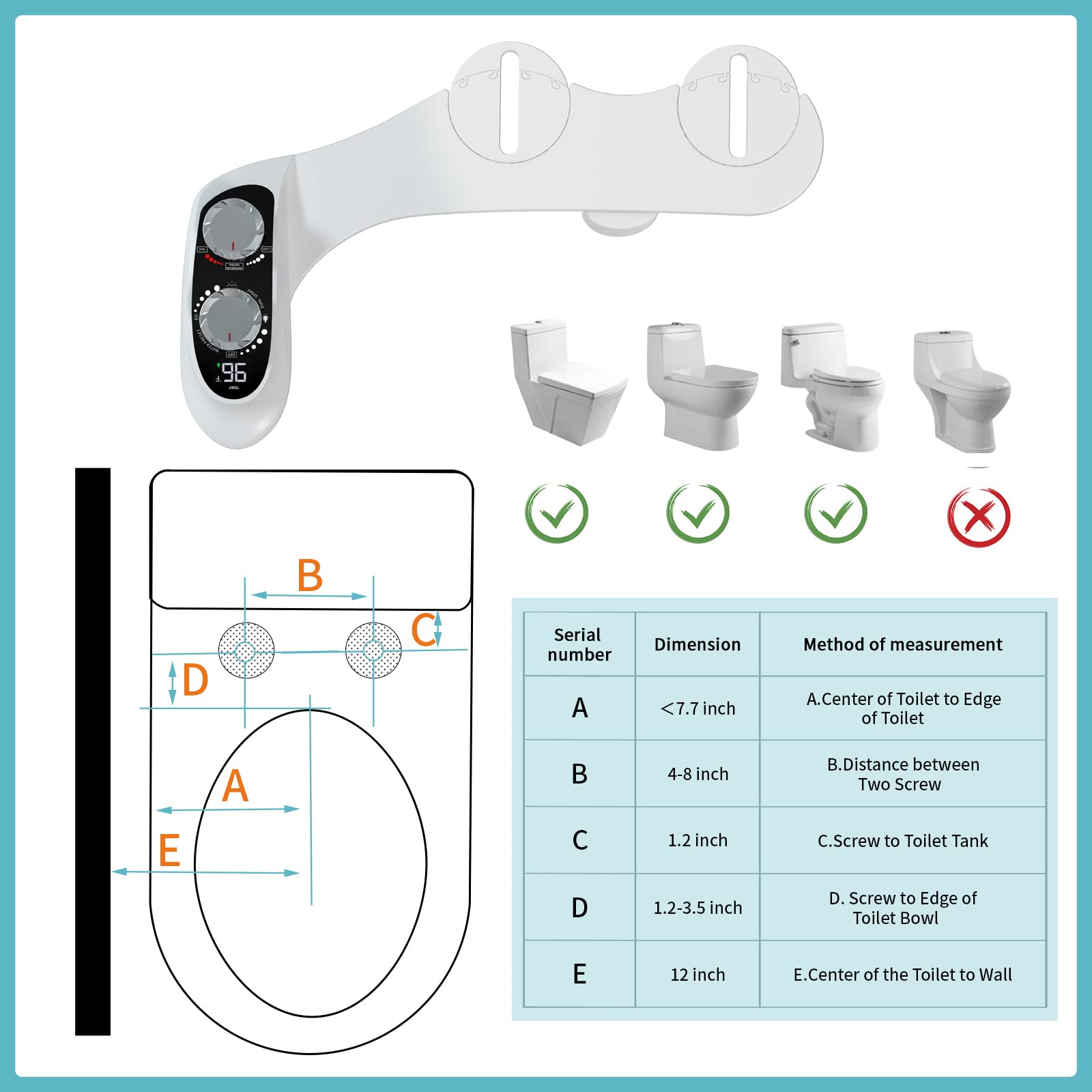 Bidet Toilet Attachment w/Digital Display Temperature, Adjustable Cool to Warm Water, Non-Electric Self Cleaning Dual Retractable Nozzles for Rear & Feminine Wash